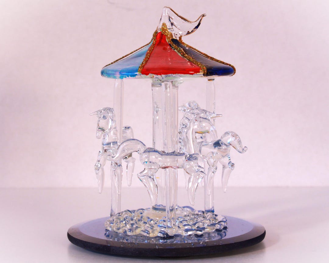 Spun Glass Carousel Figure With Blue Mirror Base and Rainbow Canopy - Etsy
