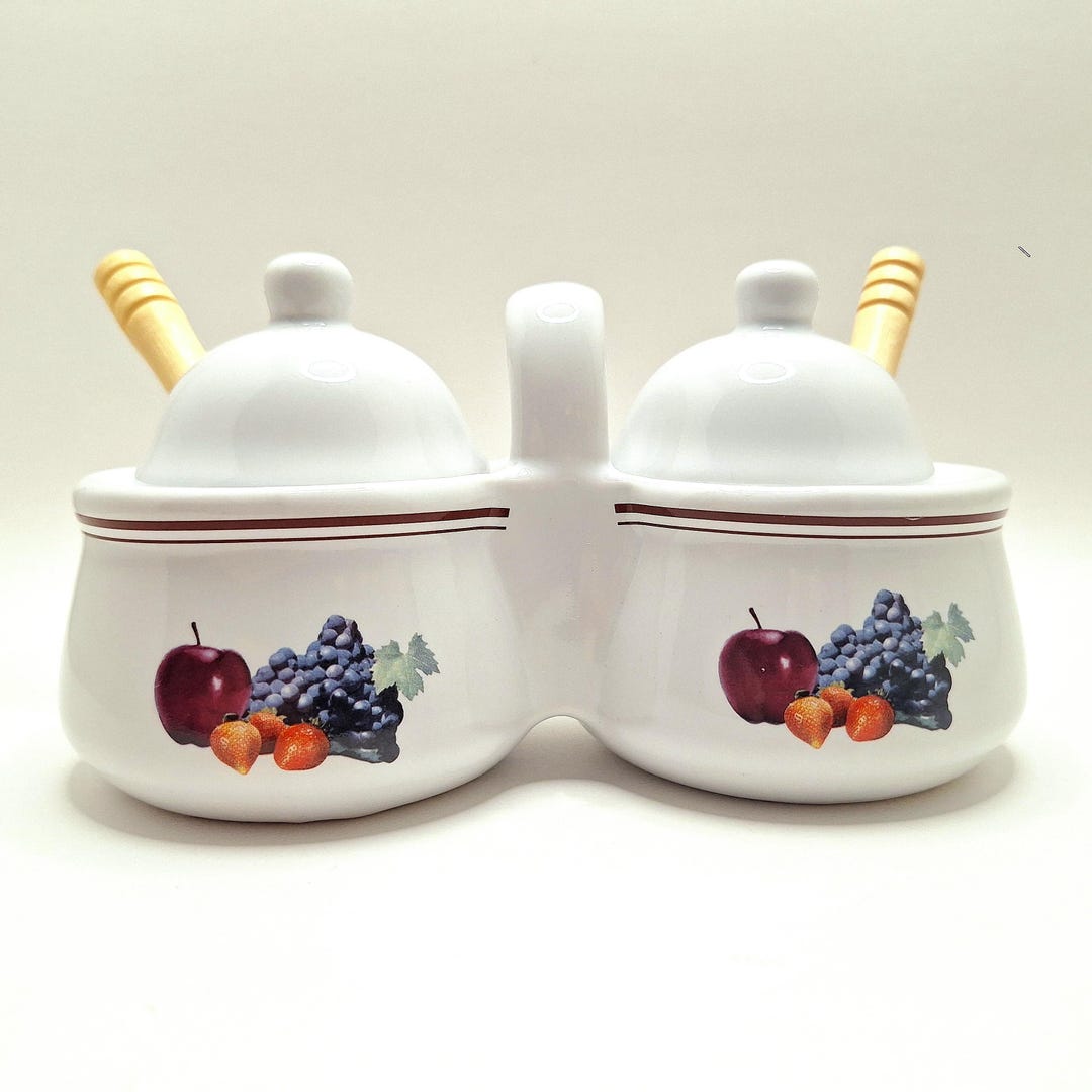 Houston Harvest Ceramic Double Jam Server Set With Lids & Wooden Spoons ...