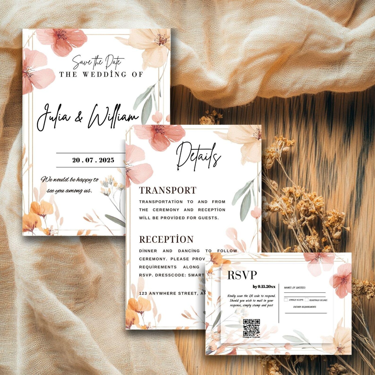 Bohemian Wedding Invitation Set | Watercolor Floral Pattern | Customizable | RSVP With QR Code ...