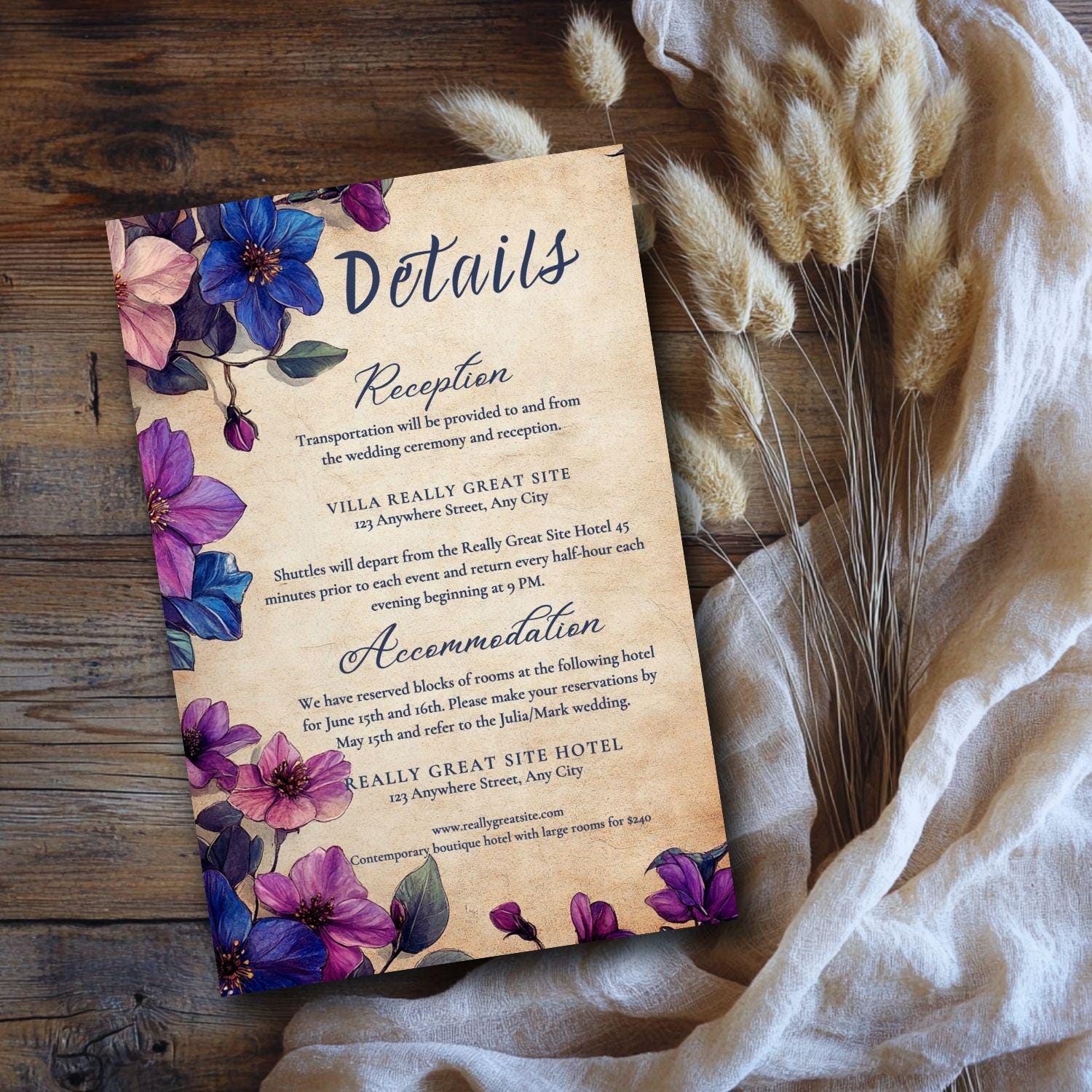 Purple and Blue Floral Digital Wedding Invitation, Vintage Inspired ...