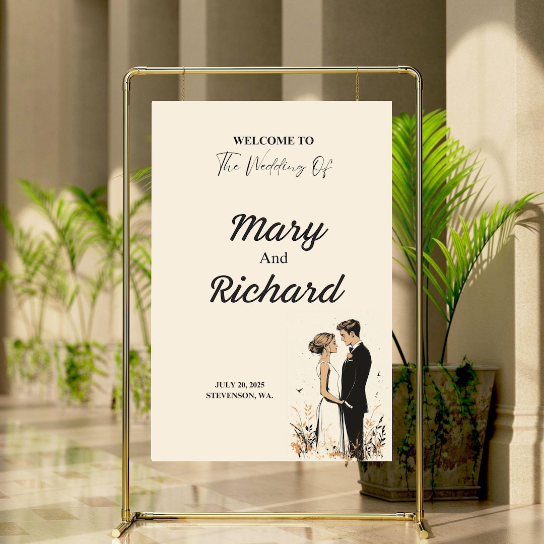 Elegant Illustrated Wedding Welcome Sign, Romantic Couple Themed ...