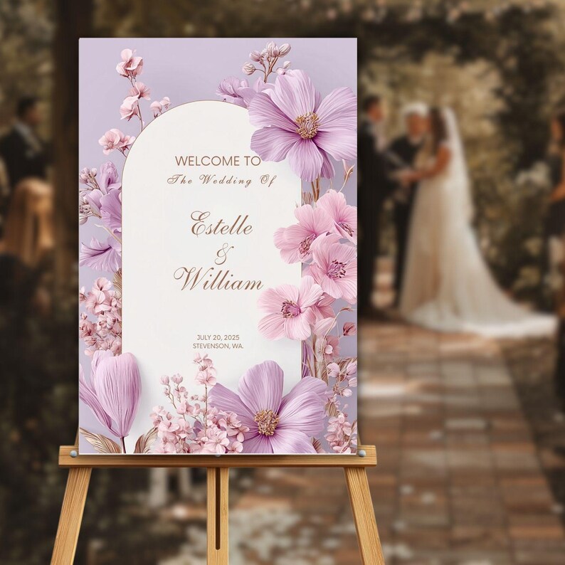 Soft Lilac Flower Digital Wedding Welcome Sign, Purple and Pink Wedding ...