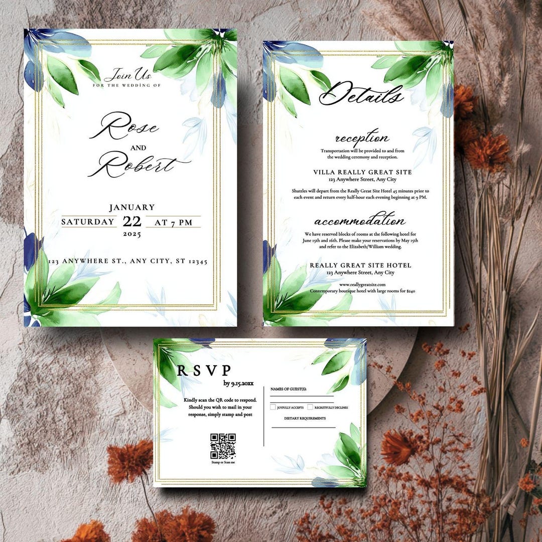 Green and Blue Wedding Invitation, Modern Design, Invitation Template ...