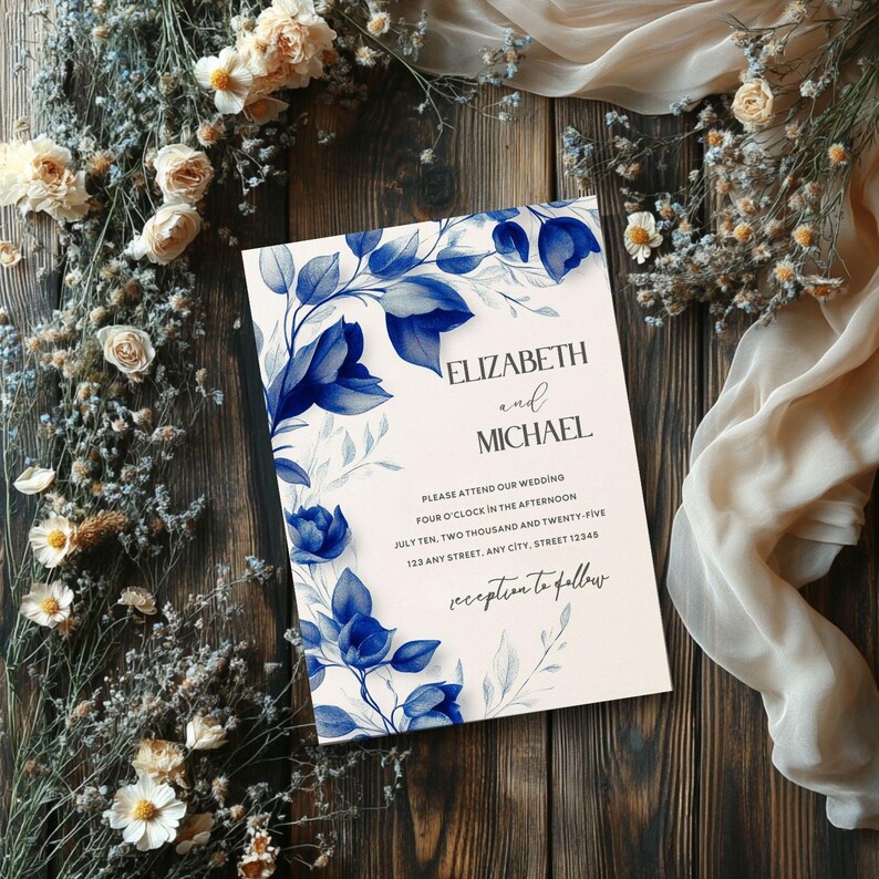 Romantic Blue Floral Wedding Invitation, Wedding Invitation Set ...