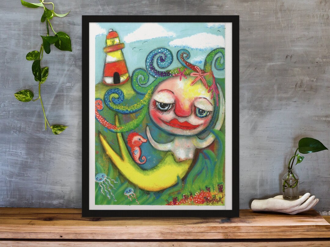 Lighthouse Mermaid Art Print, Mermaid Art Print, Mermaid on Beach Art ...