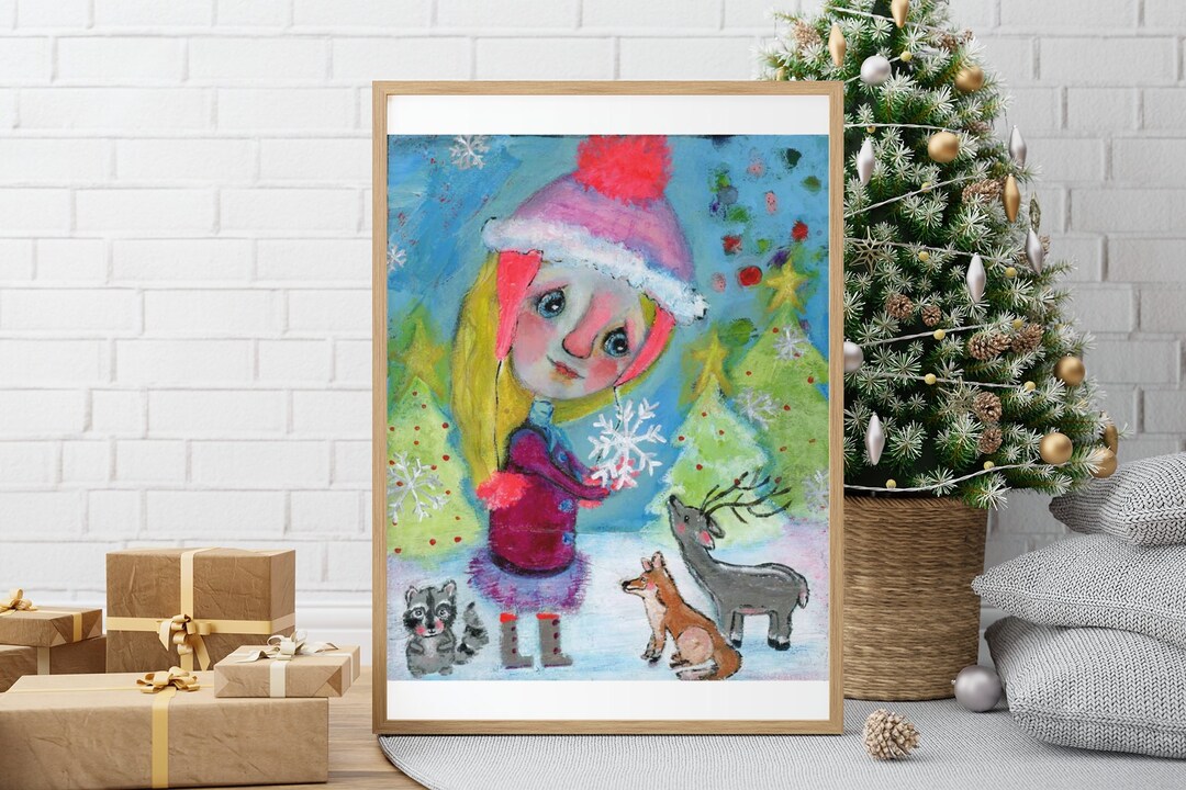 Snowflake Girl Art, Winter Girl Art Print, Winter Girl in Woods Art ...