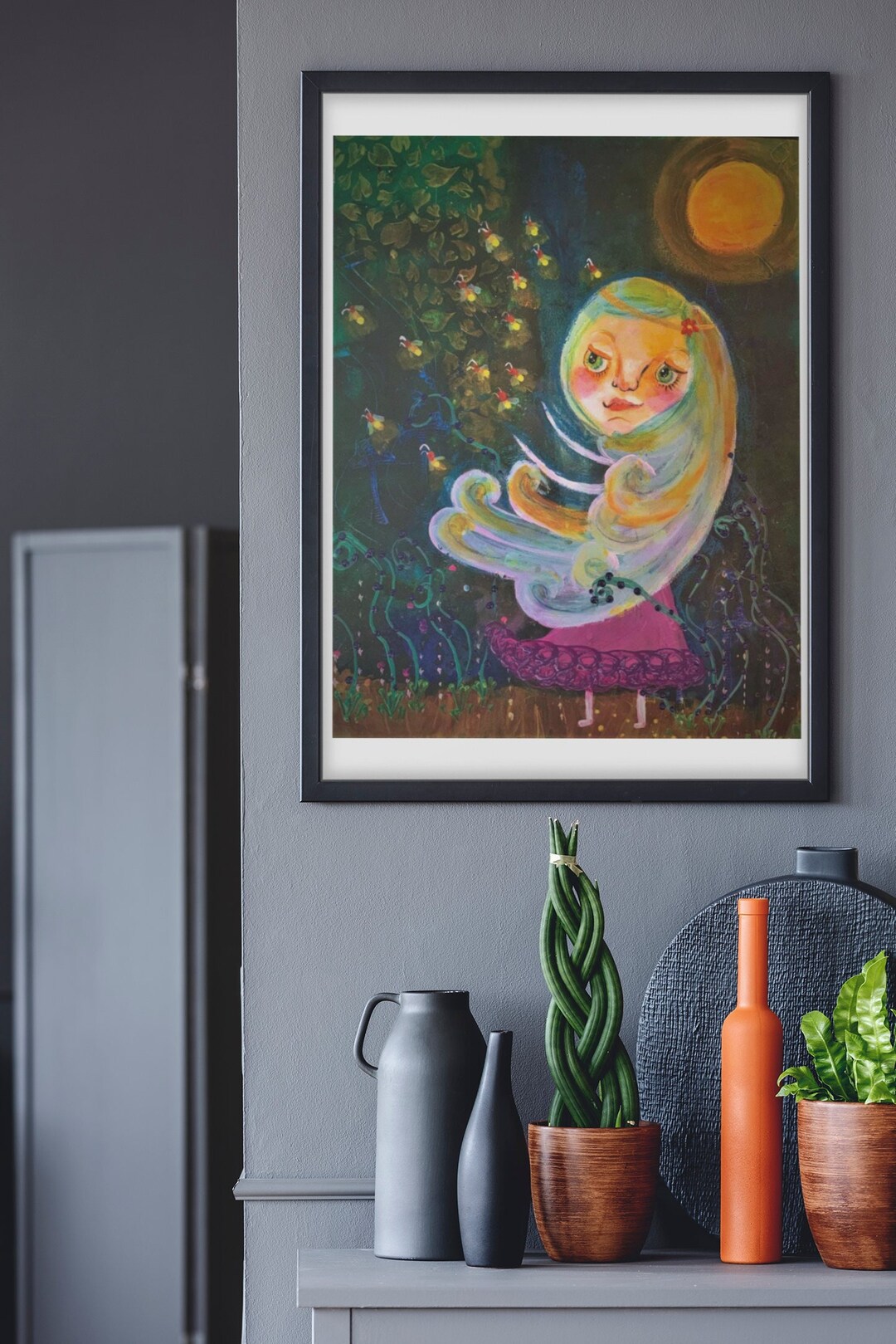 Firefly Girl Art, Girl in the Moon Art Print, Star Girl Art Print, Dark ...