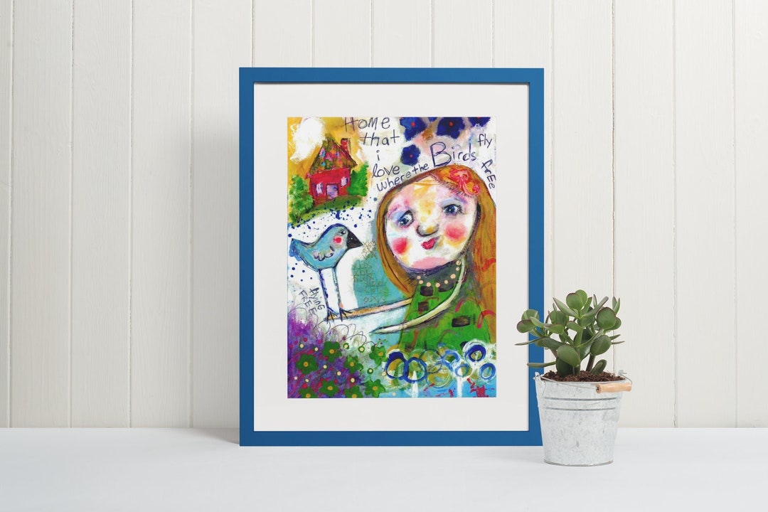 Girl With Bird Art Print, Folk Art Bird Art Print, Folk Art Girl Art ...