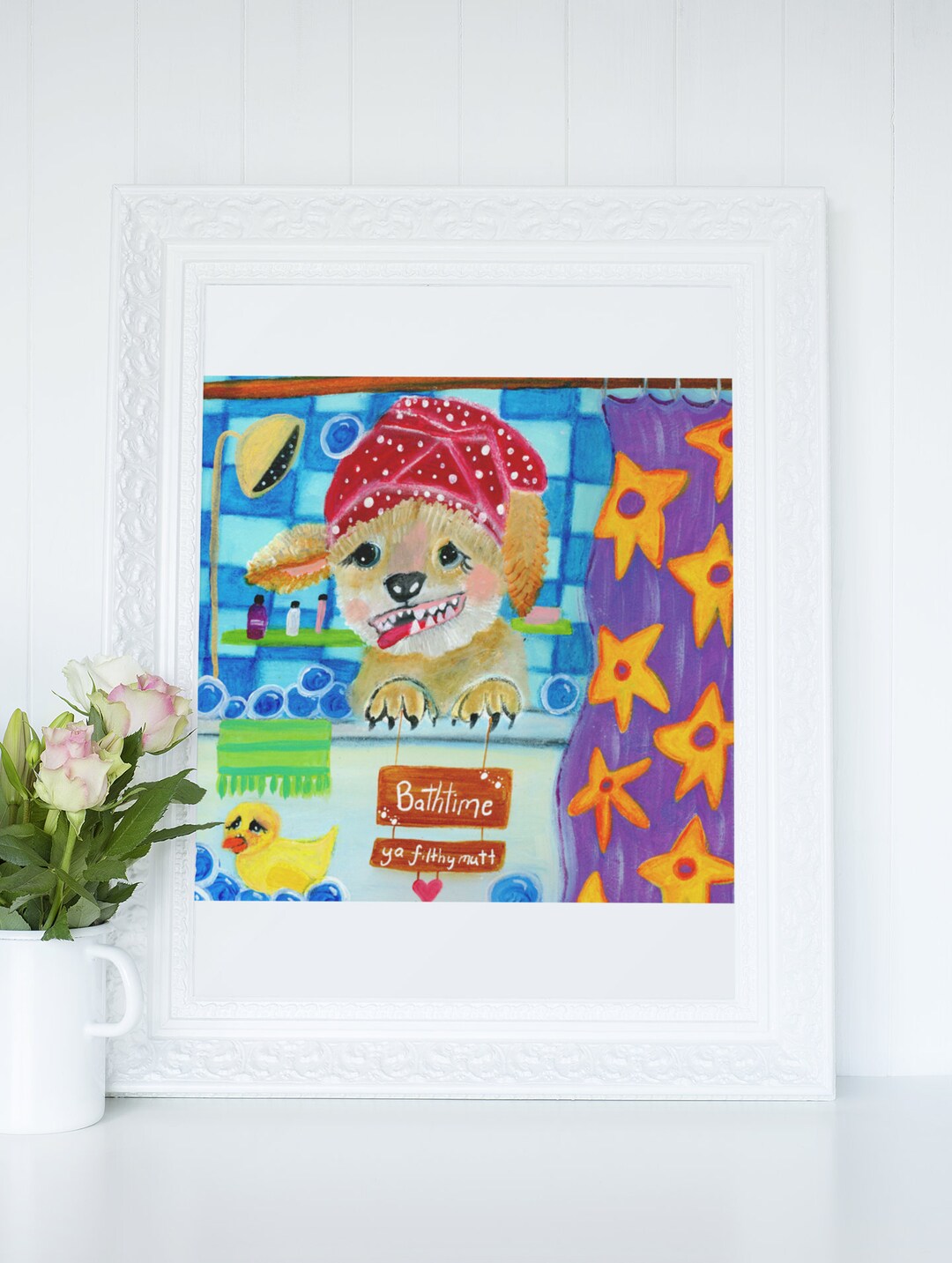 Dog in Bubble Bath Print, Dog in Bath Print, Dog in Shower Print, Bath ...