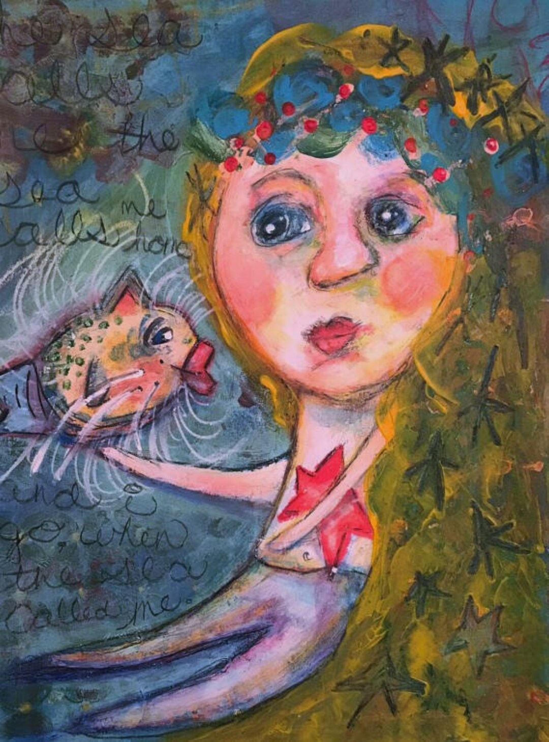 Mermaid With Catfish Original Painting Cat Fish Blow Fish Princess ...
