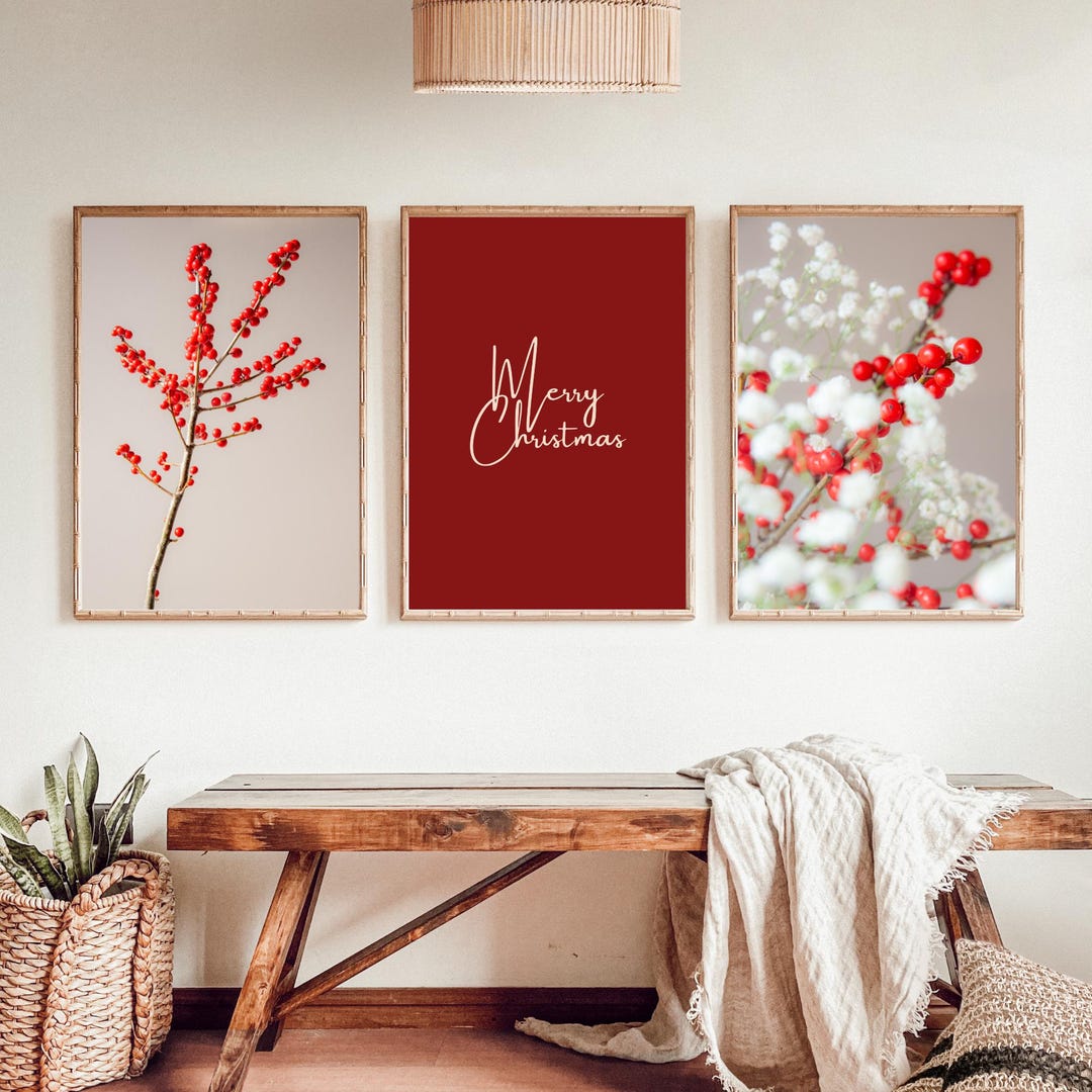 Christmas Poster Set, Winter Botanical Wall Art Printable, Red Berry ...