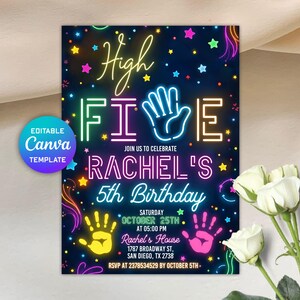 Editable High Five Birthday Party Invitation, 5th Birthday Party, Neon ...