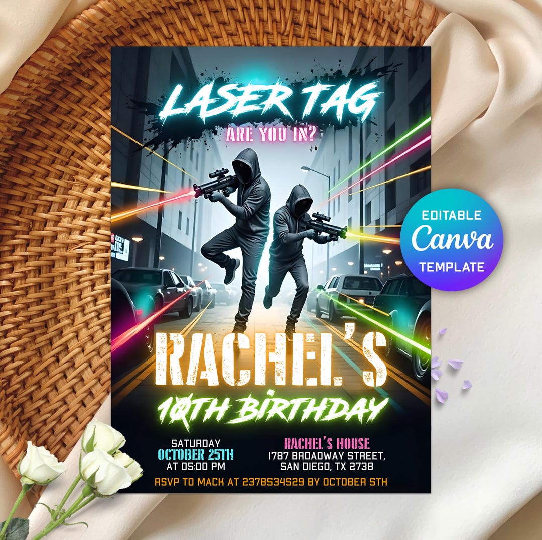 Editable Laser Tag Invitation, Laser Tag Birthday Party Invite, Neon ...