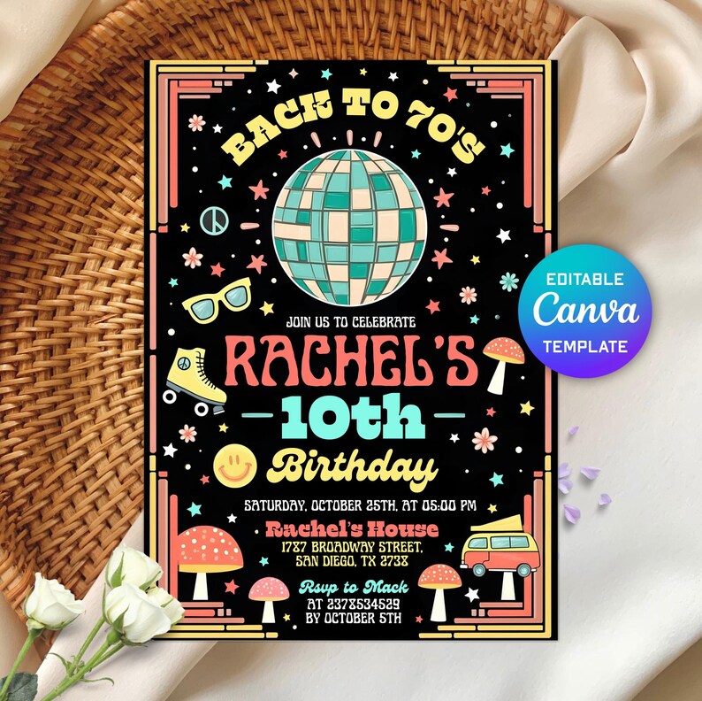 Editable 70s Birthday Party Invitation, Back to the 70s Disco Invite ...