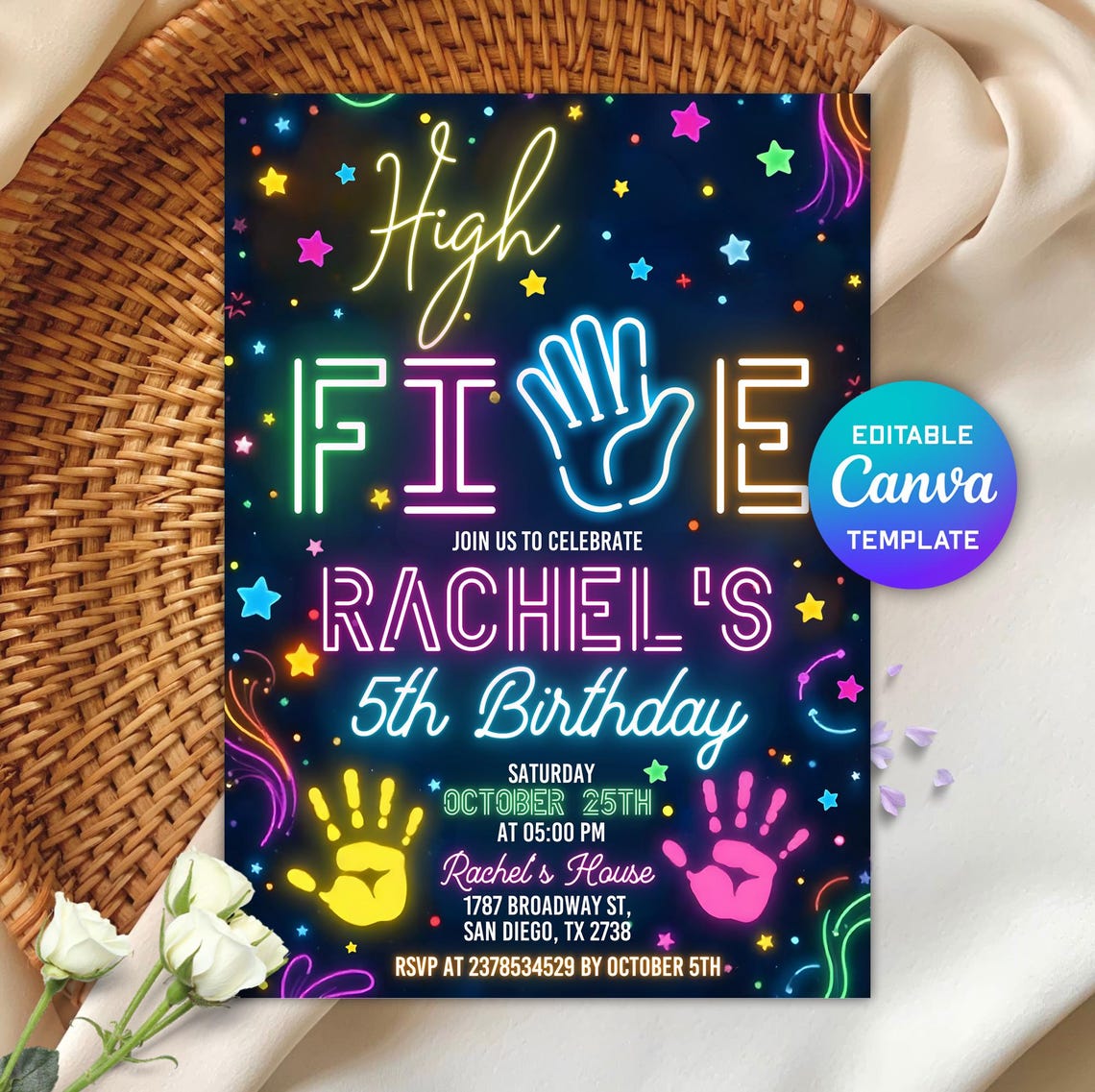 Editable High Five Birthday Party Invitation, 5th Birthday Party, Neon ...
