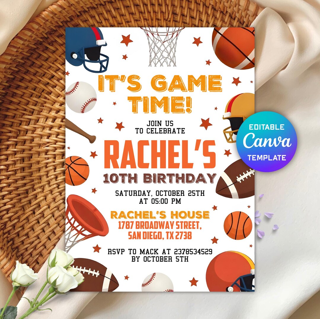 Editable Sports Birthday Invitation, All Star Sports Party Invitation ...