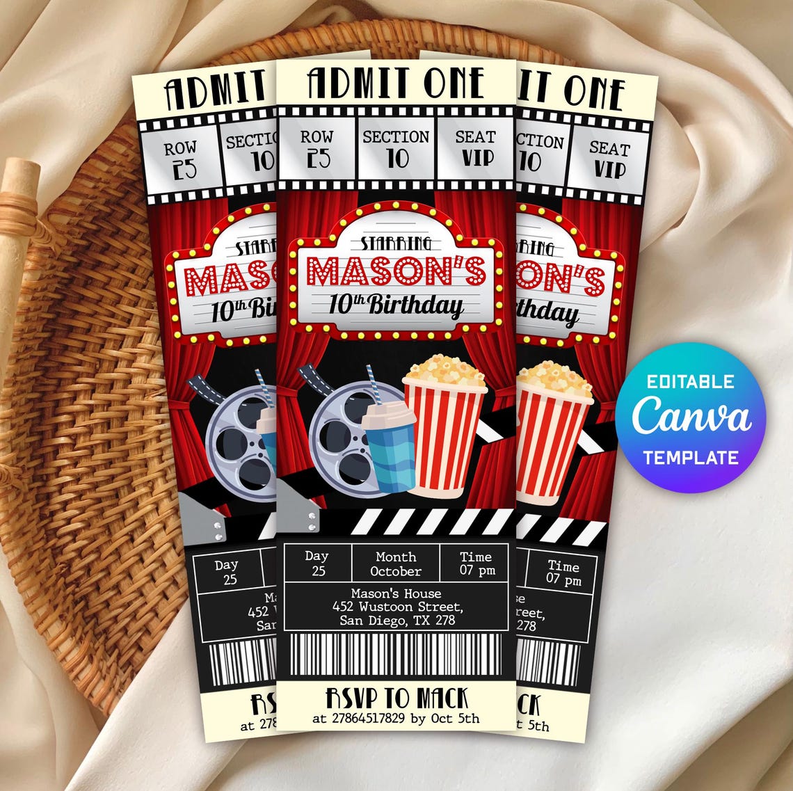 Editable Movie Ticket Invitation, Movie Party Birthday Invitation ...