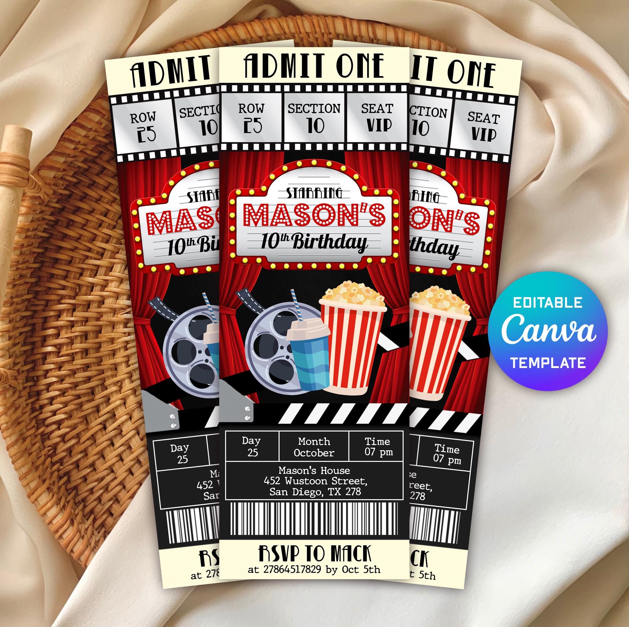 Editable Movie Ticket Invitation, Movie Party Birthday Invitation ...