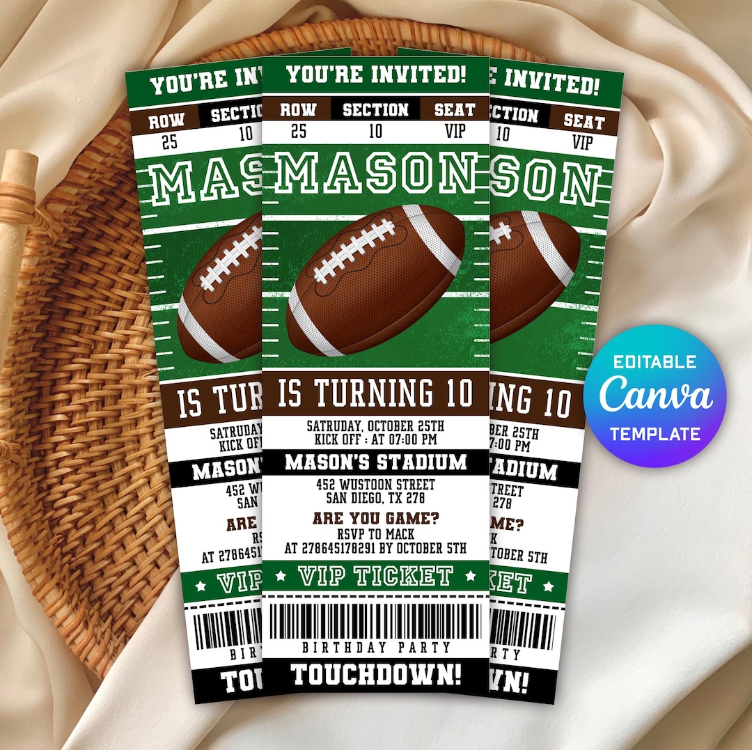 Football Ticket Birthday Invitation, Sports Ticket Style Party Invite ...