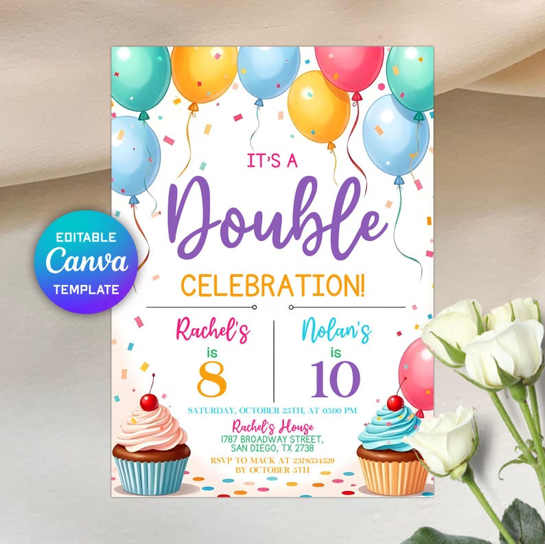 Siblings Birthday Invitation, Double Birthday Party Invitation, Joint ...