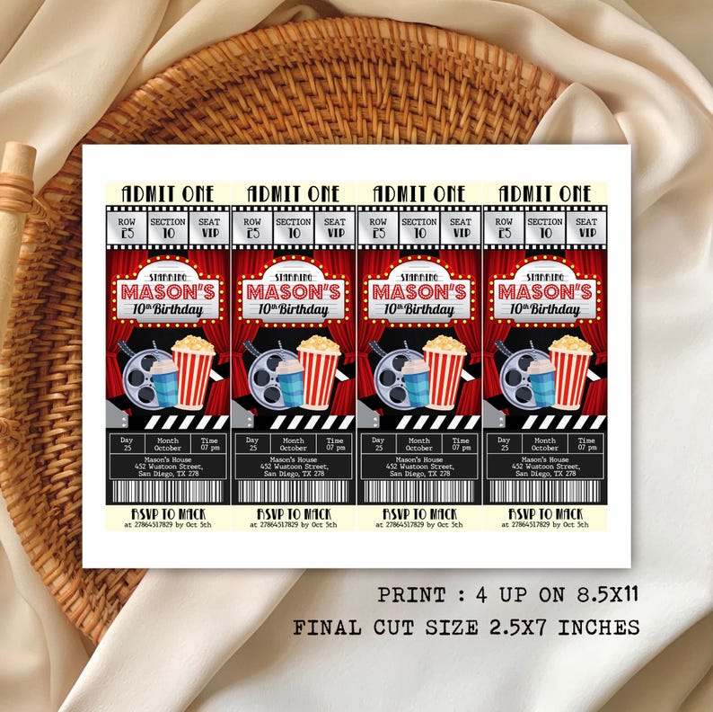 Editable Movie Ticket Invitation, Movie Party Birthday Invitation ...