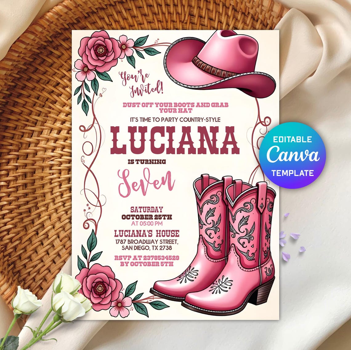 Editable Cowgirl Birthday Party Invitation, Western Birthday Invitation ...