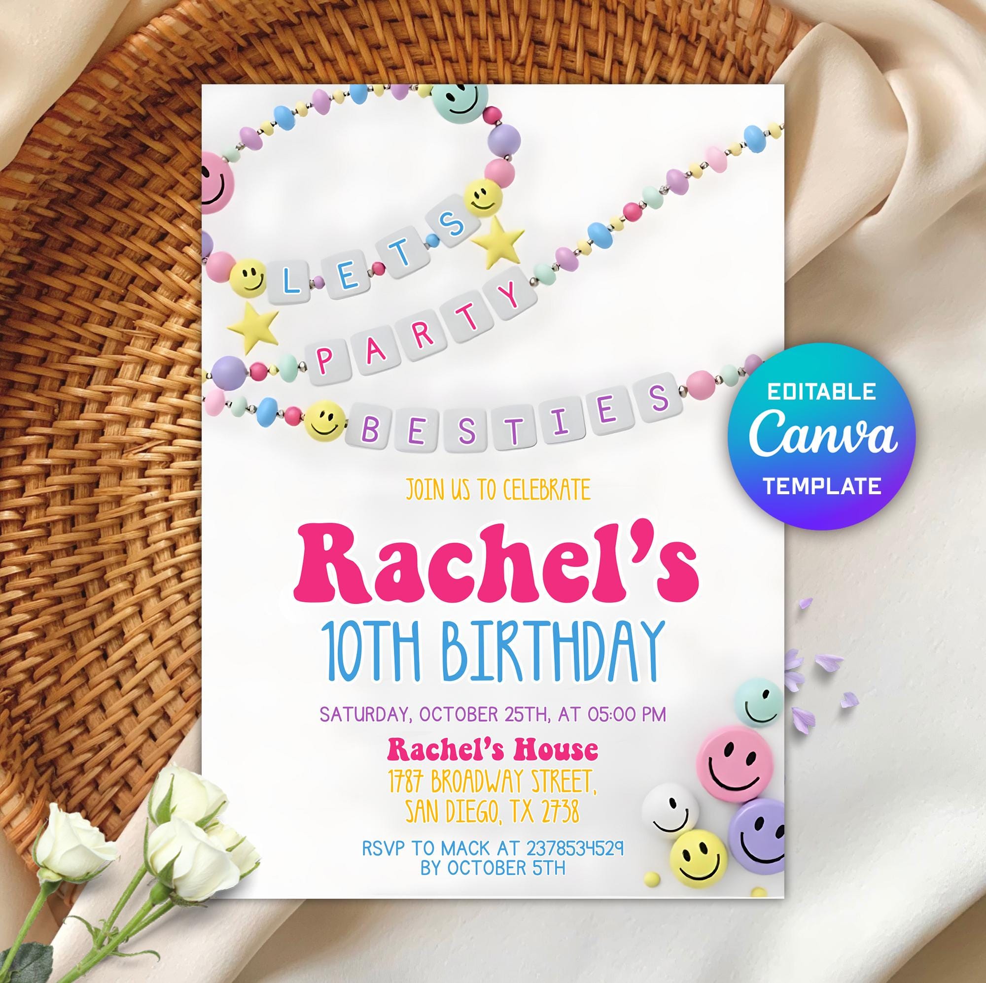 Editable Friendship Bracelet Invitation, Girl Birthday Party Invitation ...