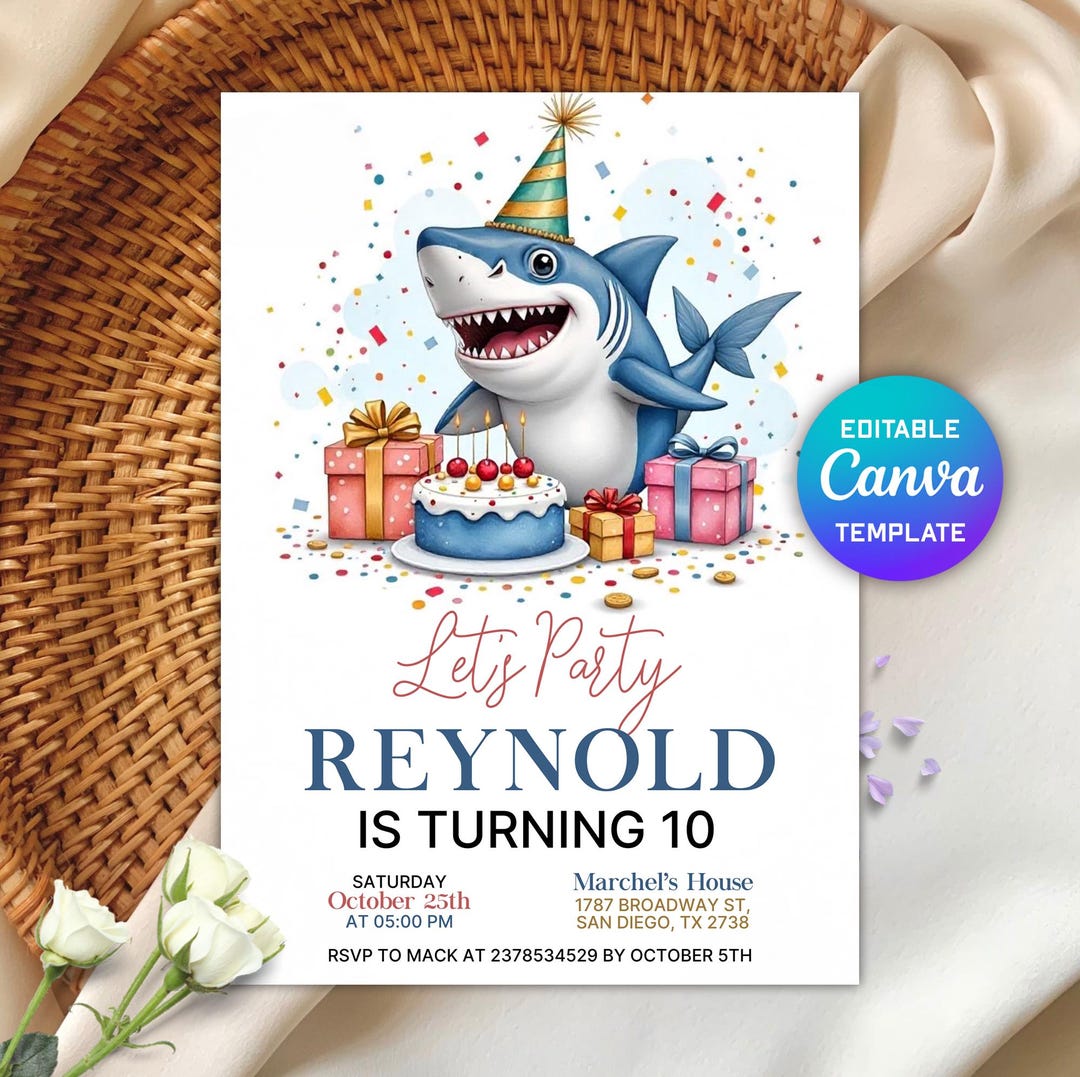 Editable Shrak Birthday Invitation, Ocean Theme Invitation, Shark ...