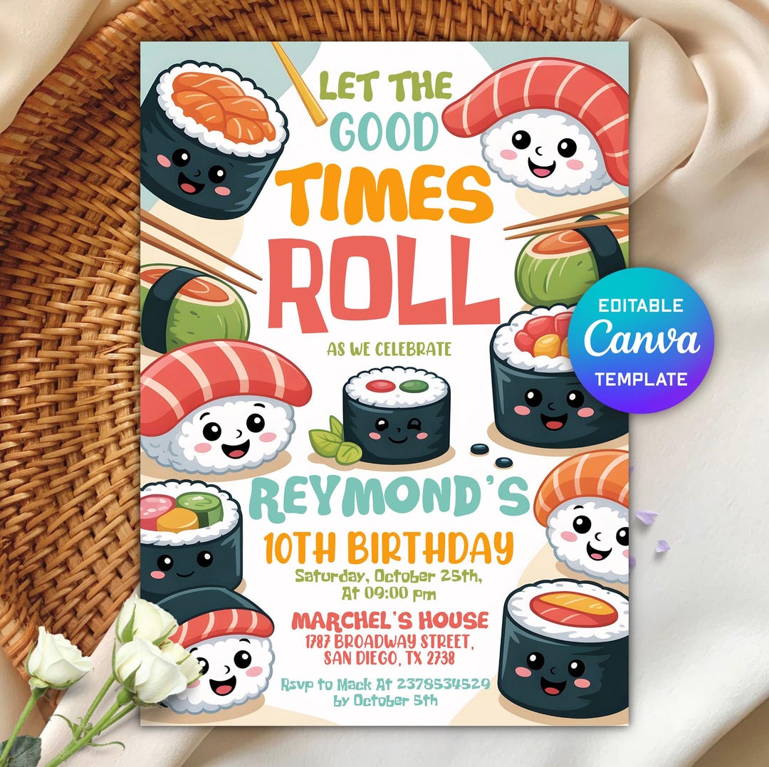 Sushi Birthday Party Invitation, Japanese Themed Birthday Invitation ...