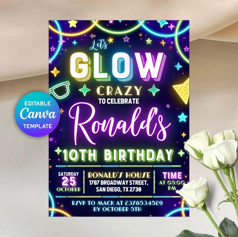 Editable Glow Birthday Invitation, Glow Party Birthday Invitation, Neon ...