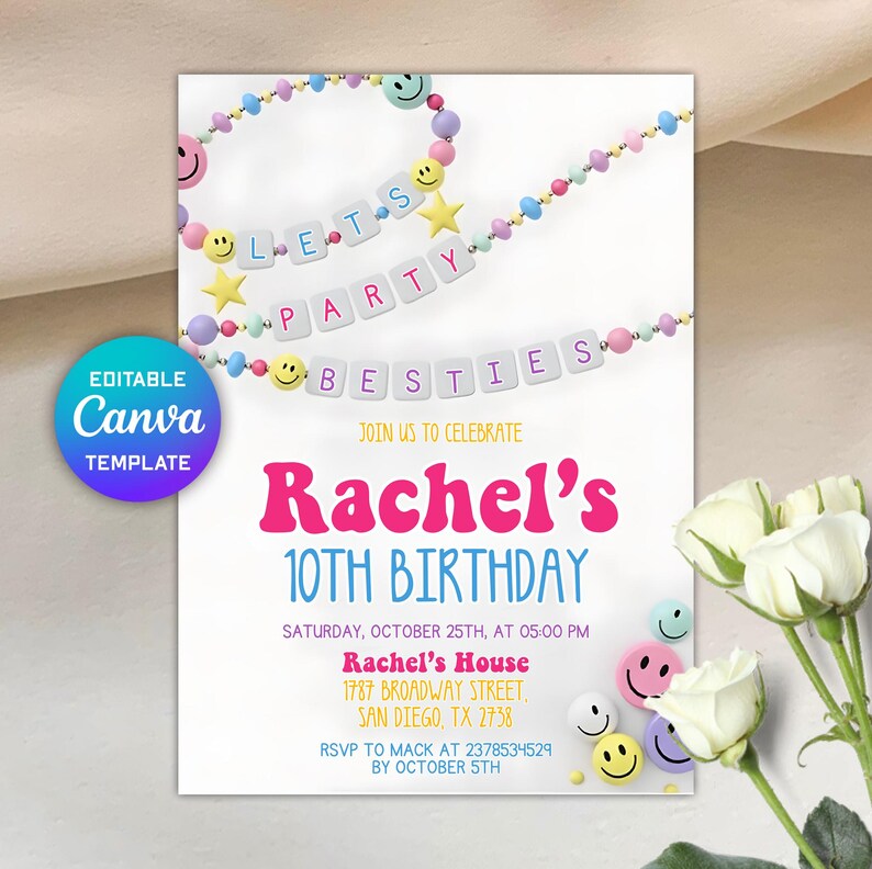 Editable Friendship Bracelet Invitation, Girl Birthday Party Invitation ...