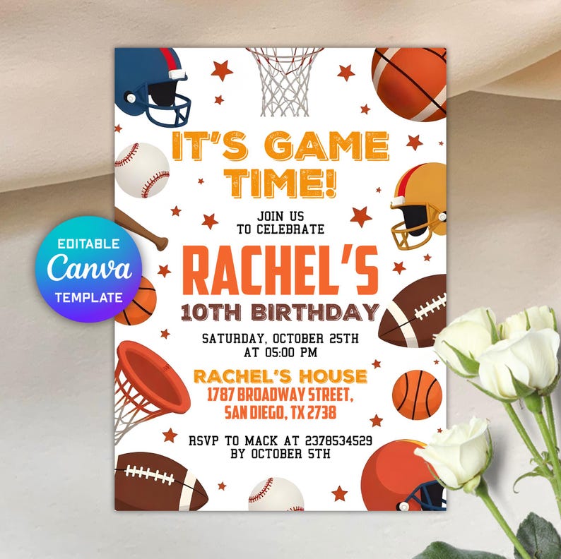 Editable Sports Birthday Invitation, All Star Sports Party Invitation ...