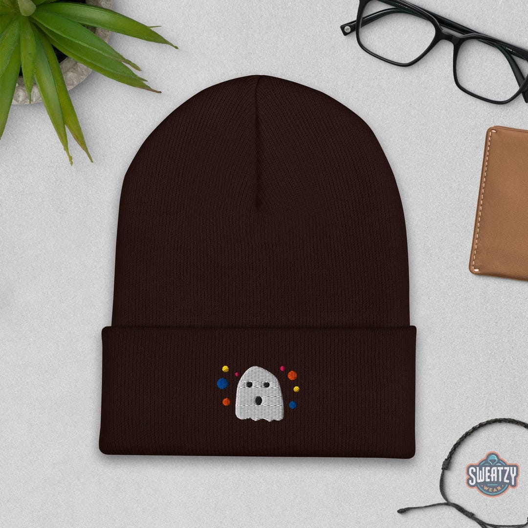 Cute Halloween Ghost Symbols Embroidered Beanie – Dark Aesthetic Knit ...