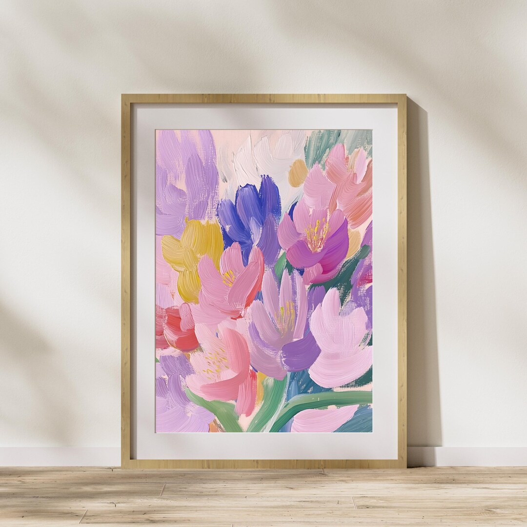 Colorful Floral Digital Print, Impressionist Pink Flower Wall Art ...