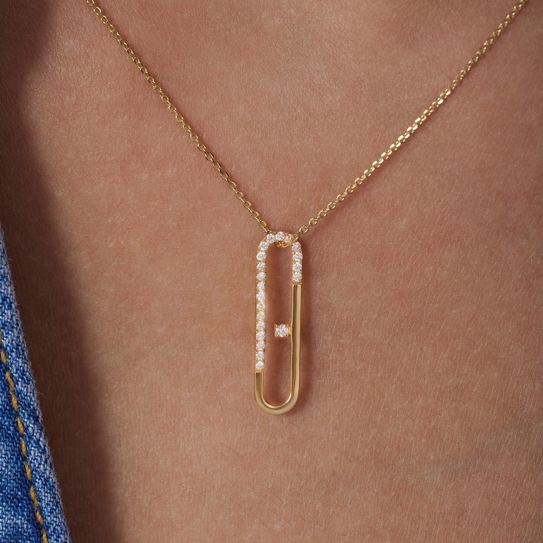 Diamond Paper Clip Necklace, 14K Solid Gold Rectangle Pendant, Diamond ...