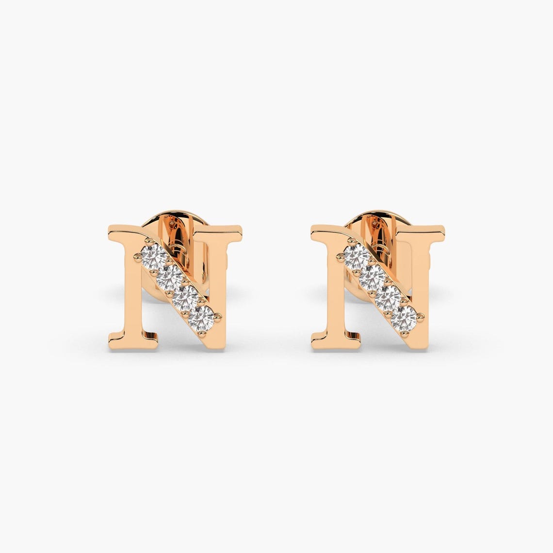 14K Gold Custom Name Earrings, Initial Diamond Earrings, N Letter ...