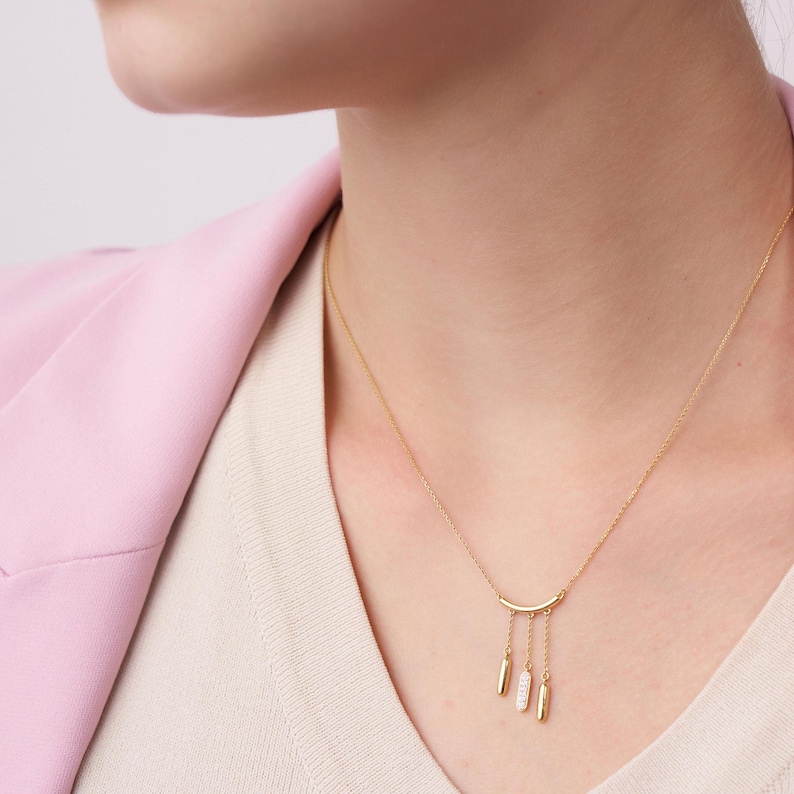 Dangling Diamond Necklace, Solid 14K Gold Bar Drop Necklace, Round ...