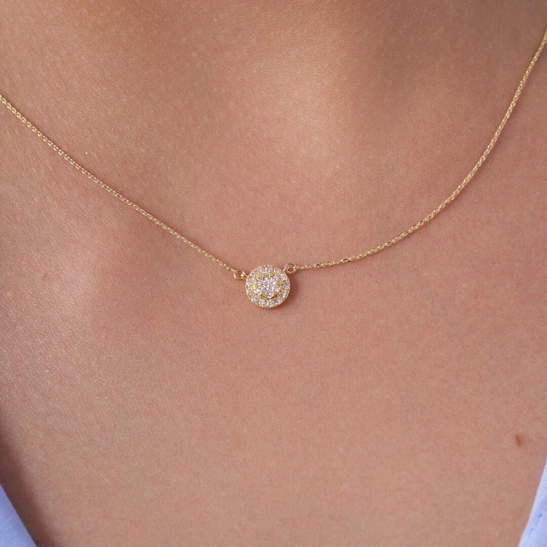 Diamond Gold Necklace, Round Natural Diamond Circle Necklace, 14K Solid ...