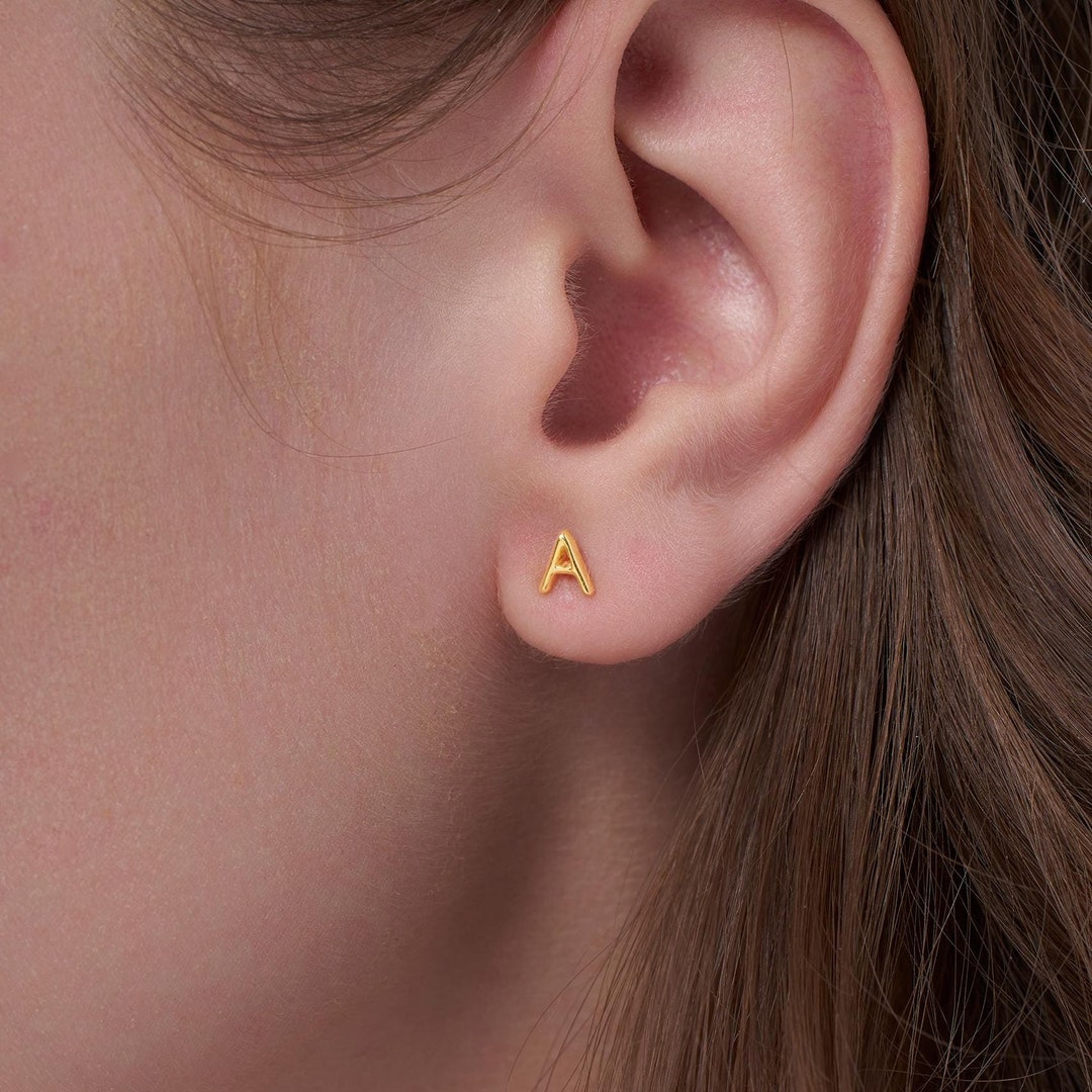 Gold Letter Earrings, 14K Solid Gold Letter Earrings, Initial Gold ...