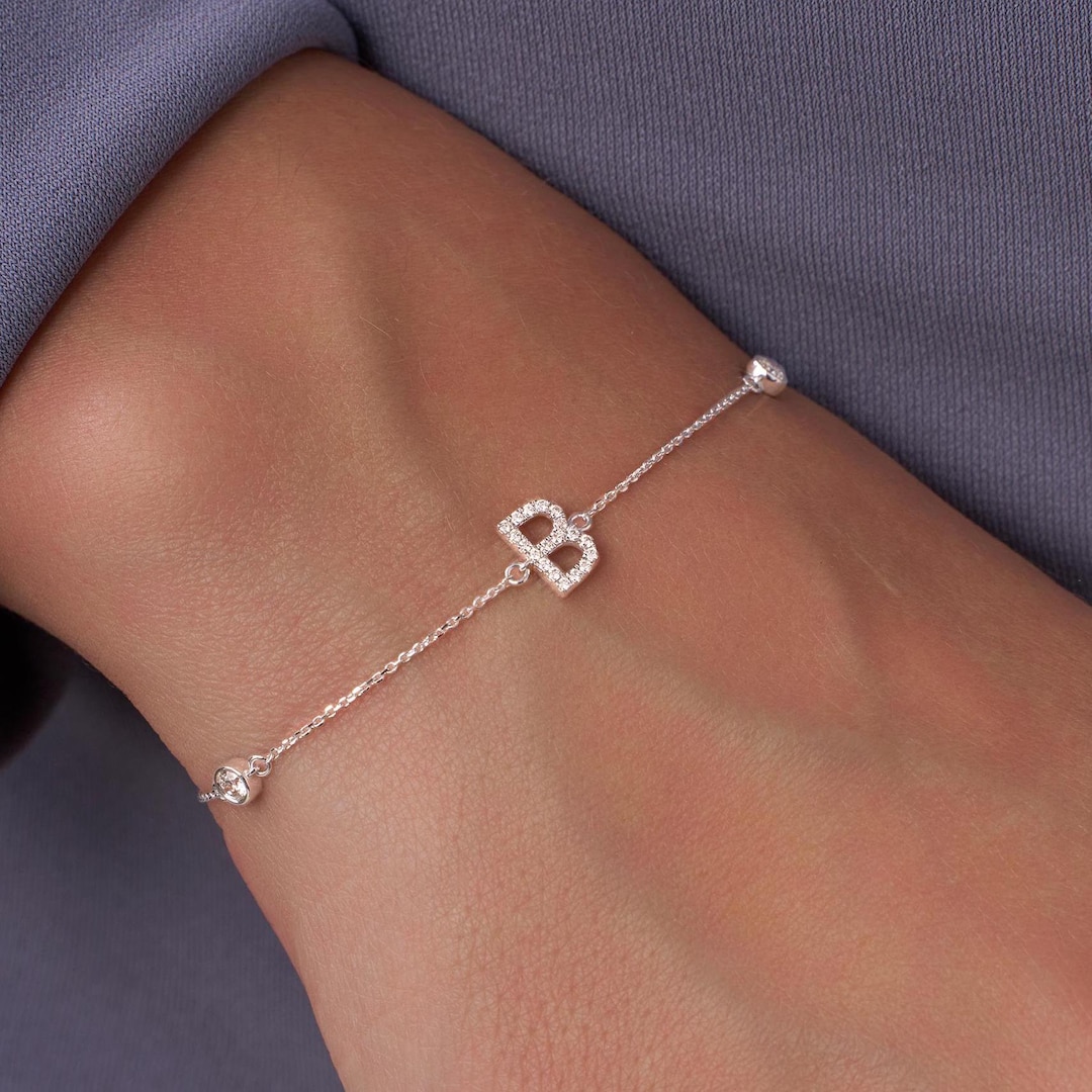 B Letter Diamond Bracelet, Solid 14K Gold Bracelet, Diamond Initial ...