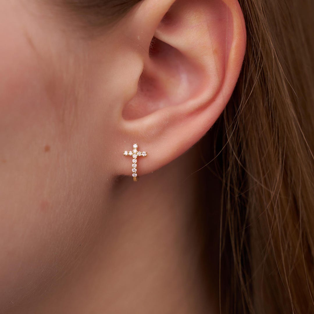 Diamond Cross Hoop Earrings, Solid 14K Gold Hoops, Round Natural ...