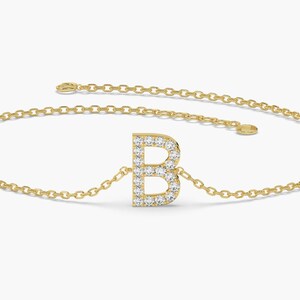 B Letter Diamond Bracelet, Solid 14K Gold Bracelet, Diamond Initial ...