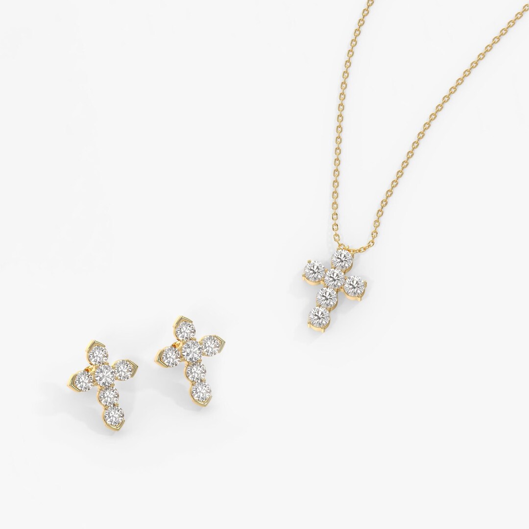 Cross Diamond Jewelry Set, Solid 14K Gold Jewelry Set, Natural Diamond ...