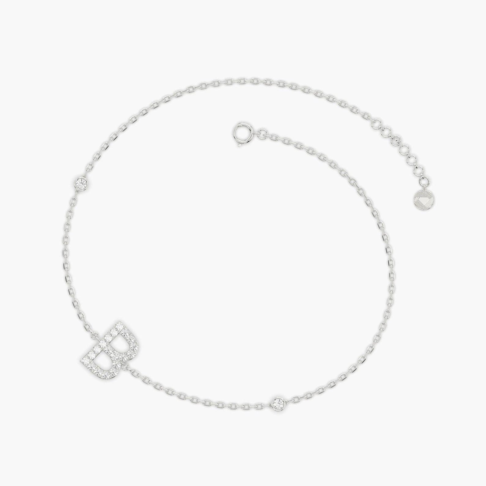 B Letter Diamond Bracelet, Solid 14K Gold Bracelet, Diamond Initial ...