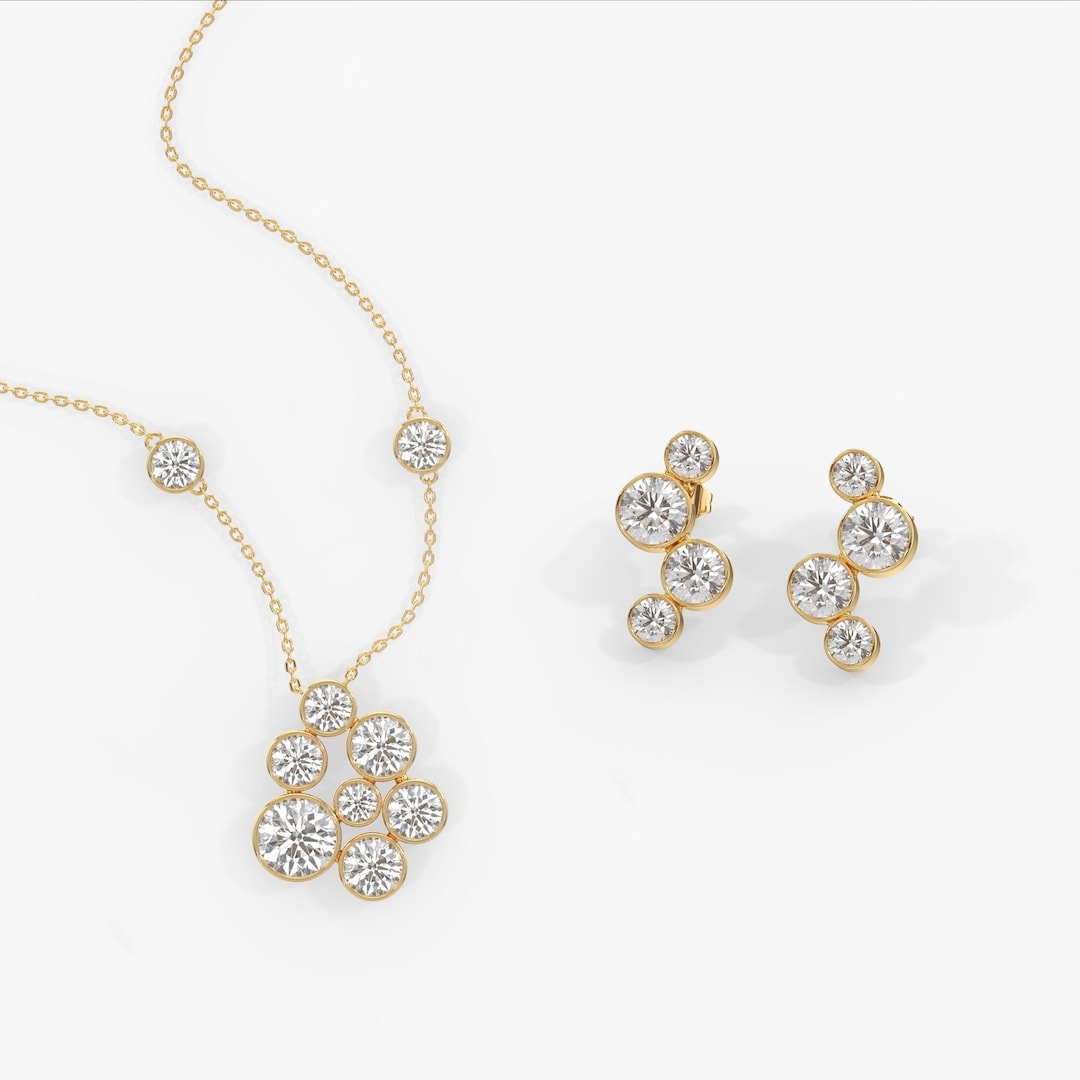 Bubble Diamond Cluster Jewelry Set, Round Cut Natural Diamond Necklace ...