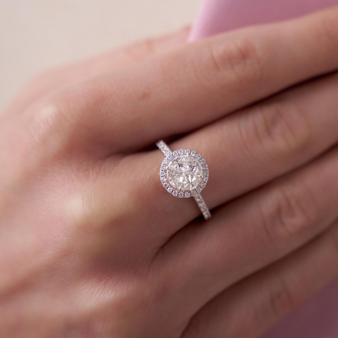 Round Pie Cut Diamond Engagement Ring, 14k Solid Gold Halo Wedding Ring ...