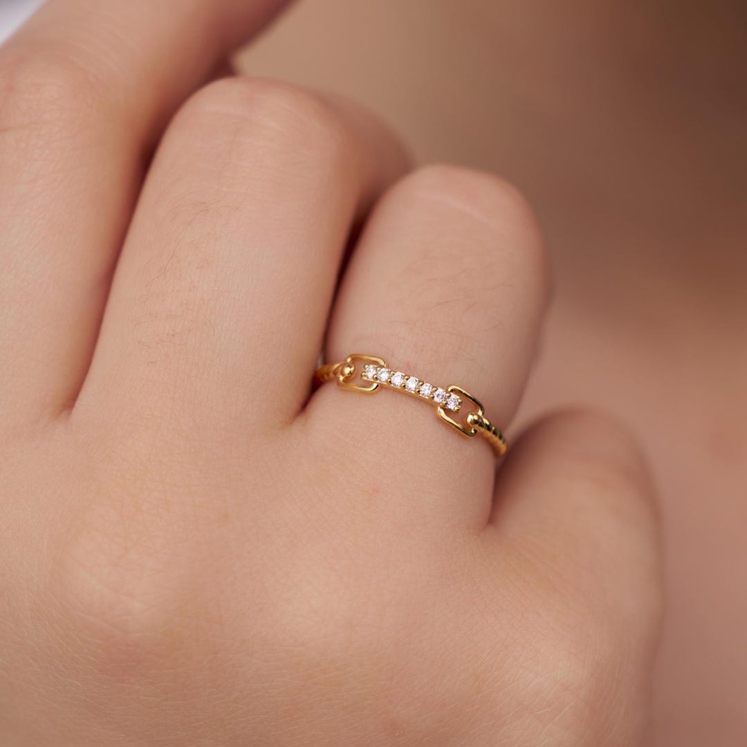 14k Solid Gold Rope Braid Stack Ring, Round Natural Diamond Ring, Chain ...