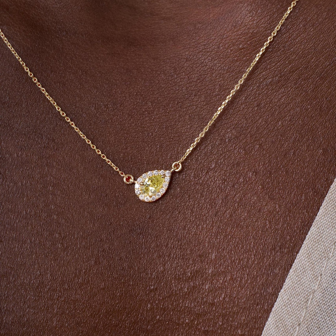 Horizontal Pear Yellow Diamond Necklace, Solid 14K Gold East West ...