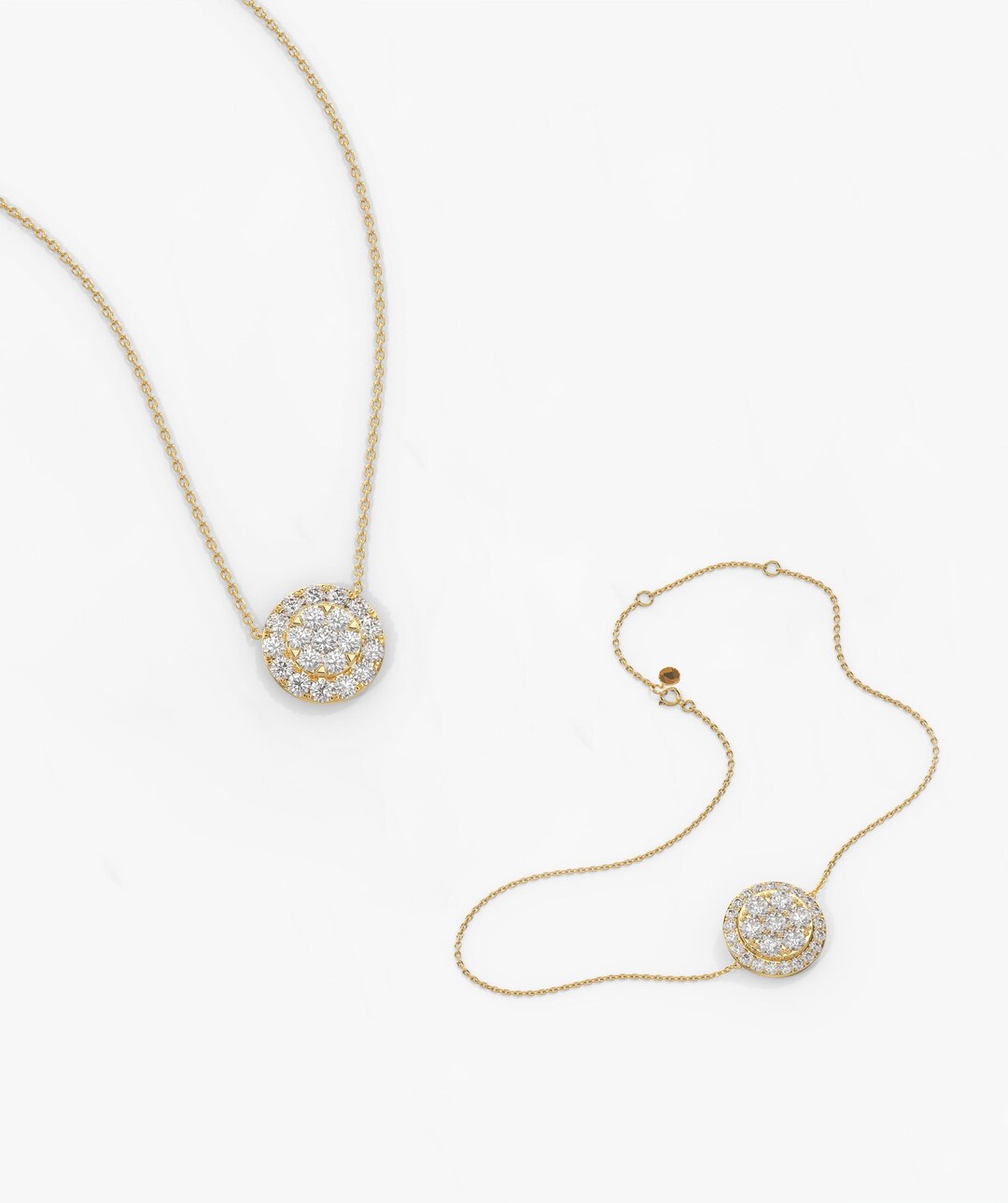 14K Solid Gold Diamond Cluster Jewelry Set, Round Halo Pendant Necklace ...
