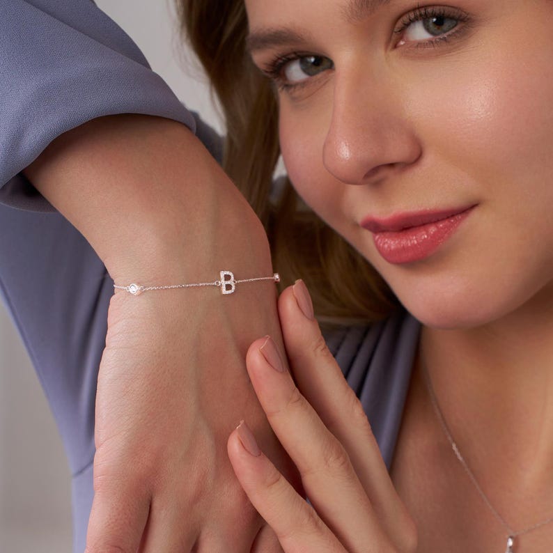 B Letter Diamond Bracelet, Solid 14K Gold Bracelet, Diamond Initial ...